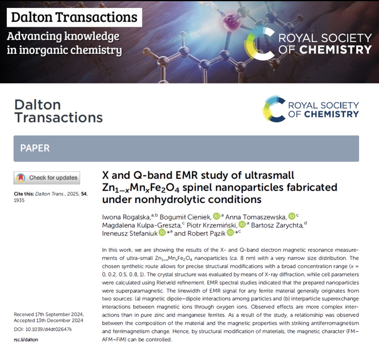 Professor Robert Pązik's Research Team Recognized with HOT Article Distinction in Dalton ...